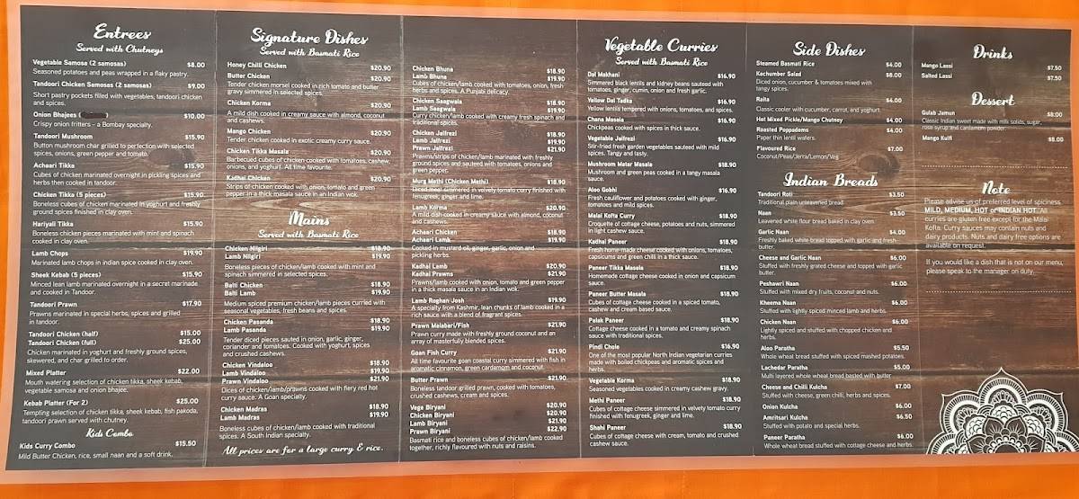 Menu at Pinch Of Spice restaurant, Picton