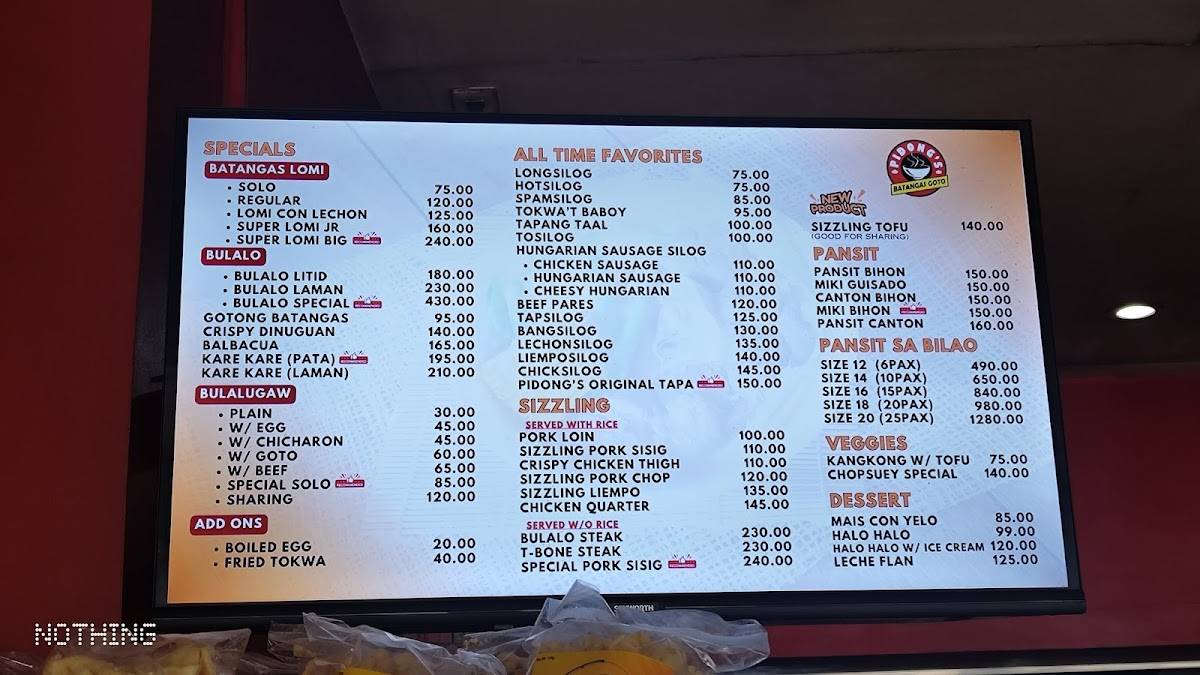 Menu at Pidong's The Original Batangas Lomi, Goto & Bulalo restaurant ...