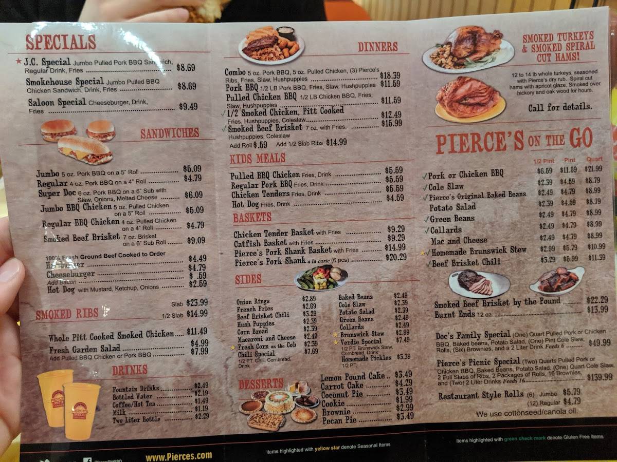 Menu at Pierce's Pitt Bar-B-Que, Williamsburg