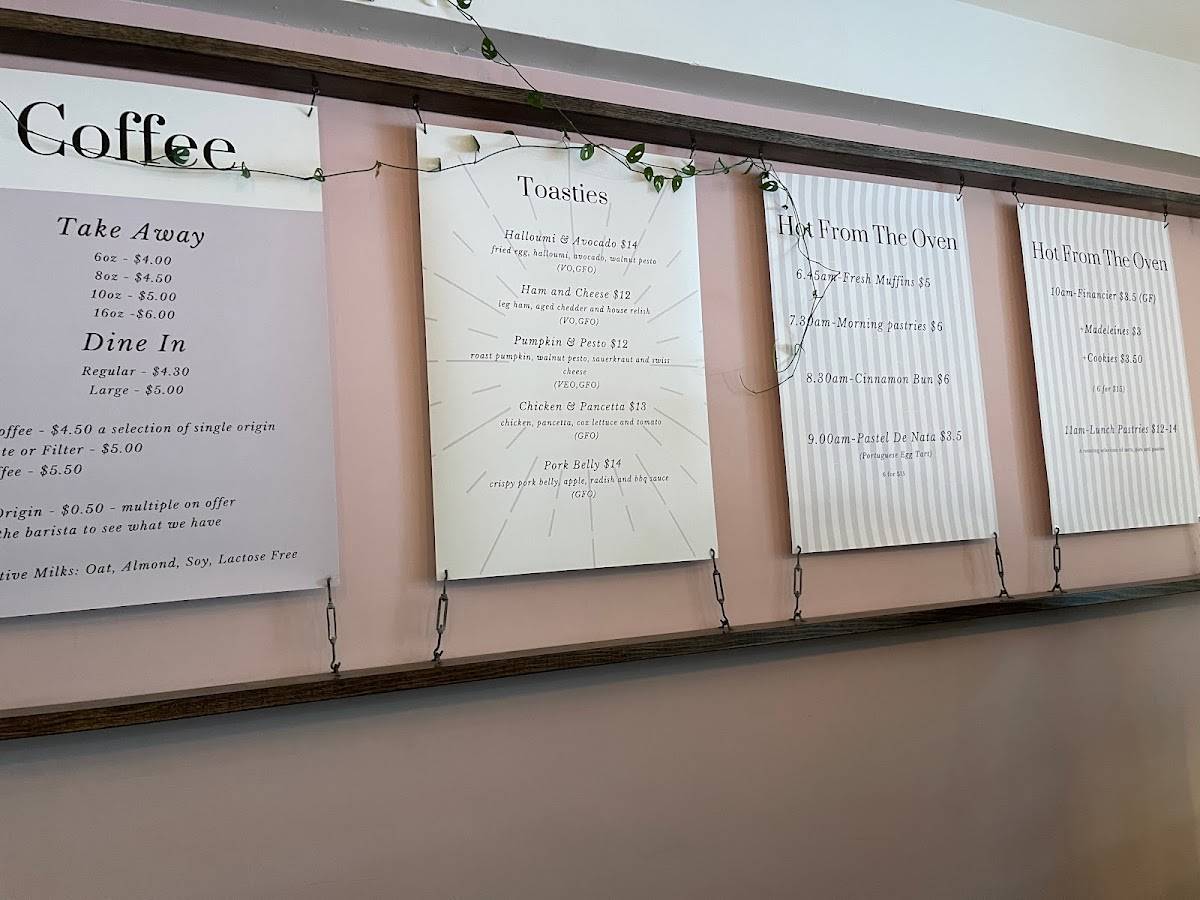 Menu at Pilgrim Coffee restaurant, Hobart