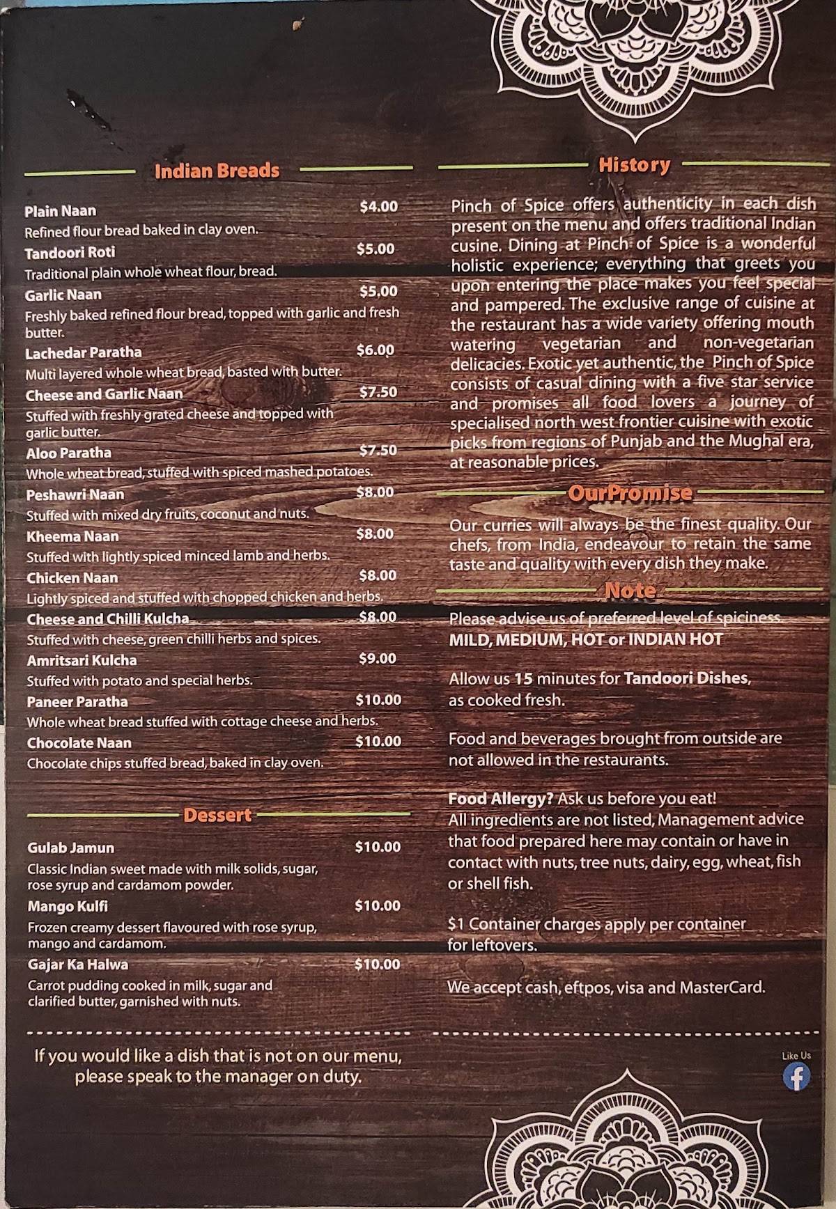 Menu at Pinch Of Spice restaurant, Picton