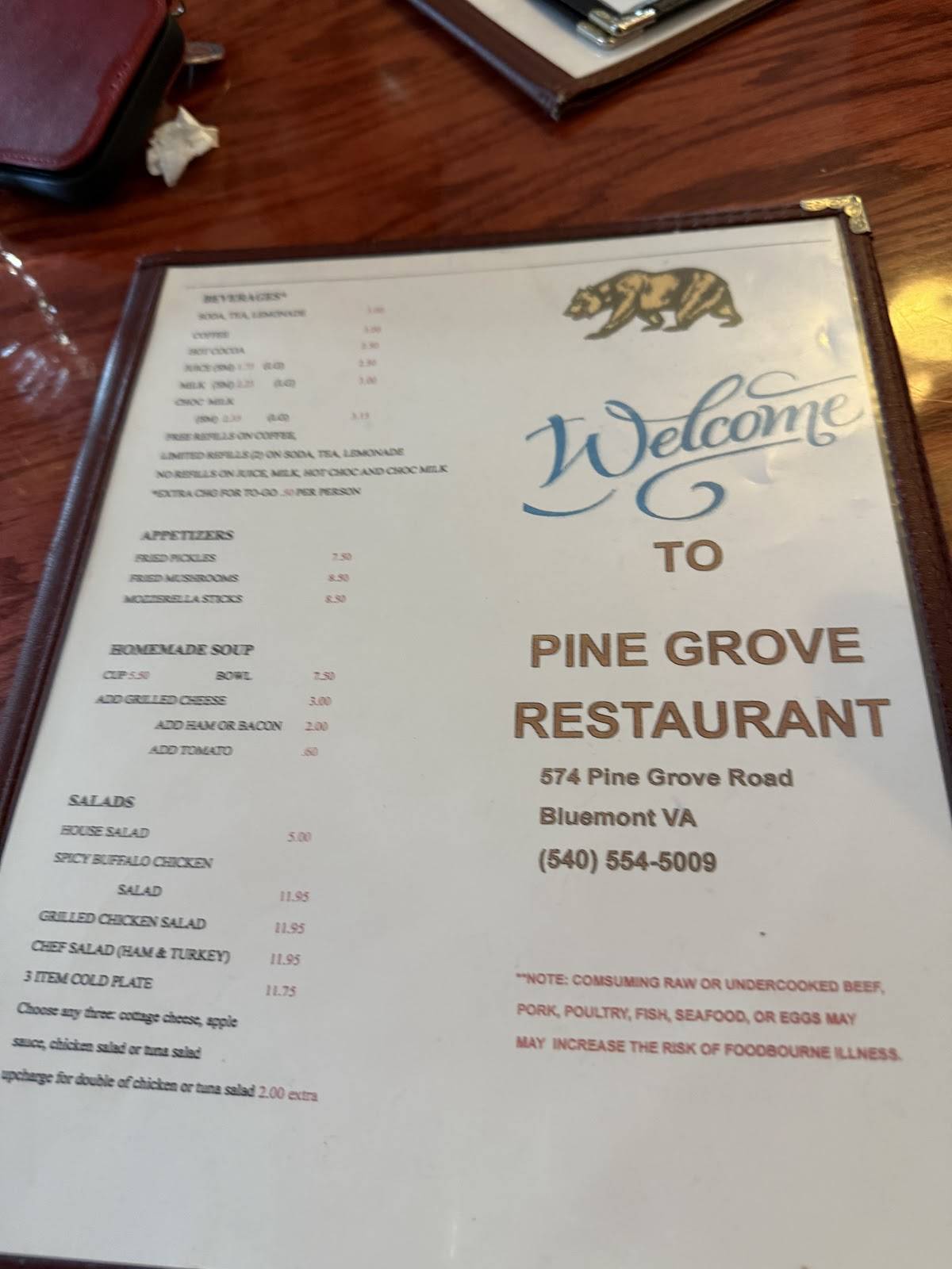 Menu at Pine Grove Restaurant, Bluemont