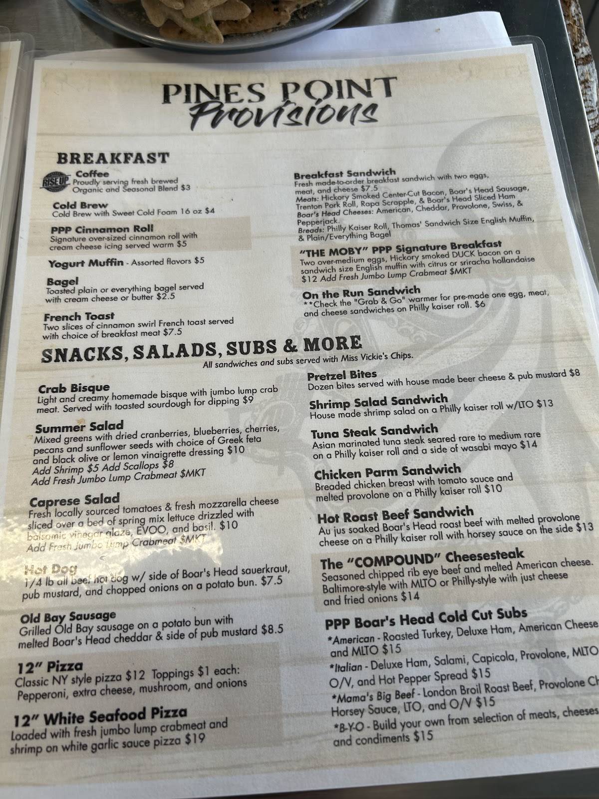 Menu at Pines Point Provisions restaurant, Ocean Pines