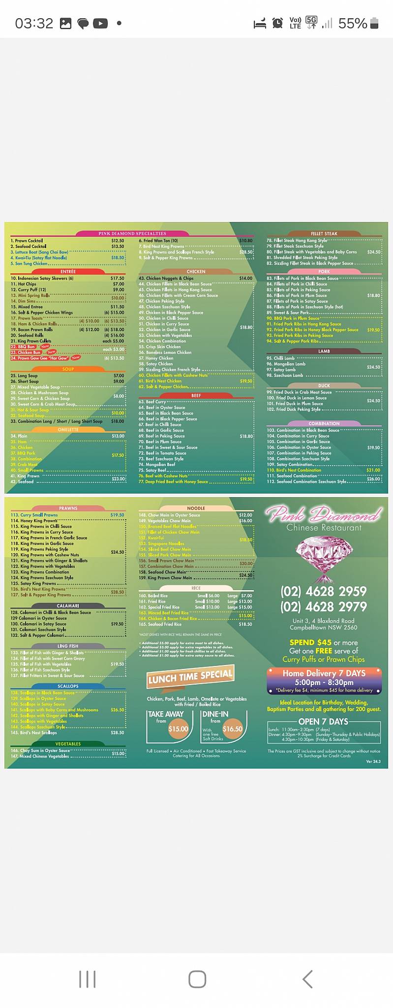 Menu at Pink Diamond Chinese Restaurant, Campbelltown, 4 Blaxland Rd