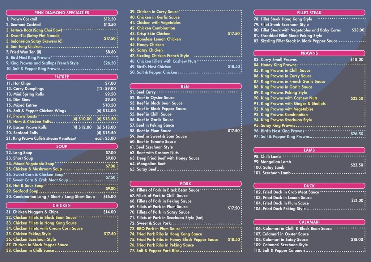 Menu at Pink Diamond Chinese Restaurant, Campbelltown, 4 Blaxland Rd
