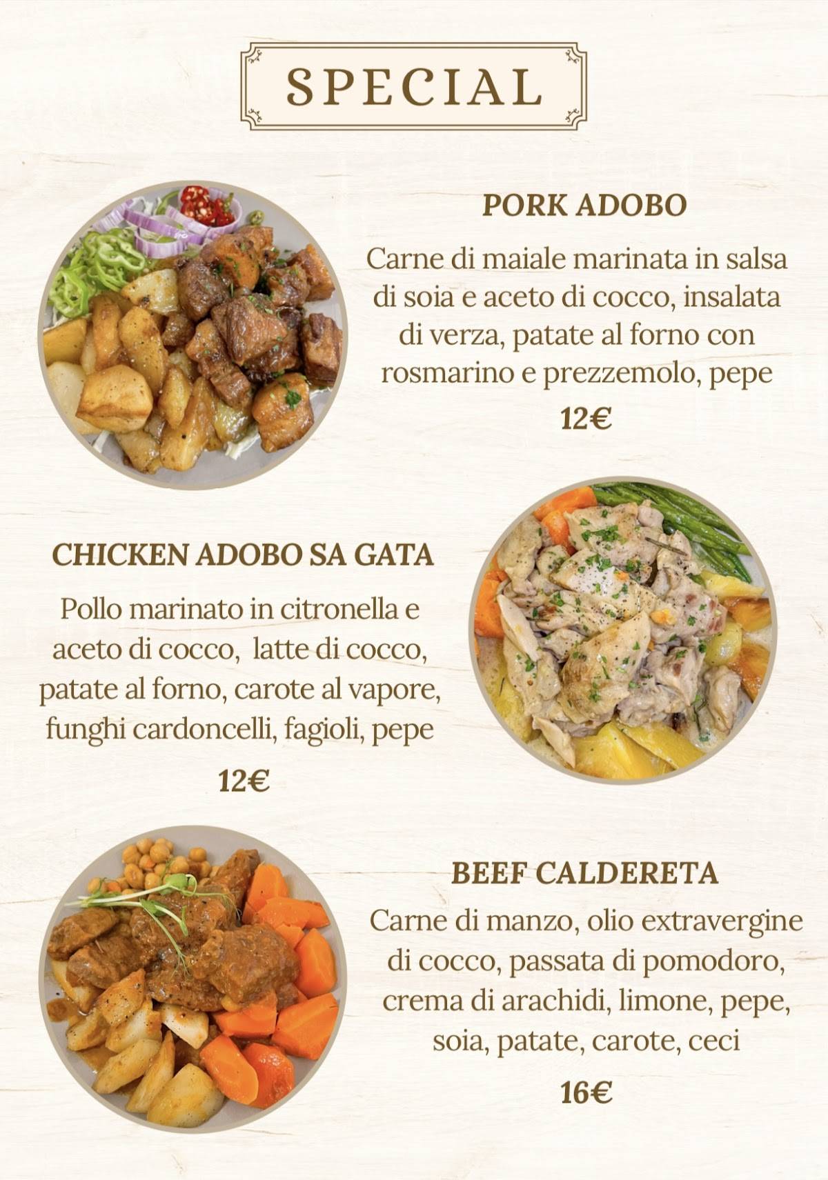 Menu au Pinoy restaurant, Bari