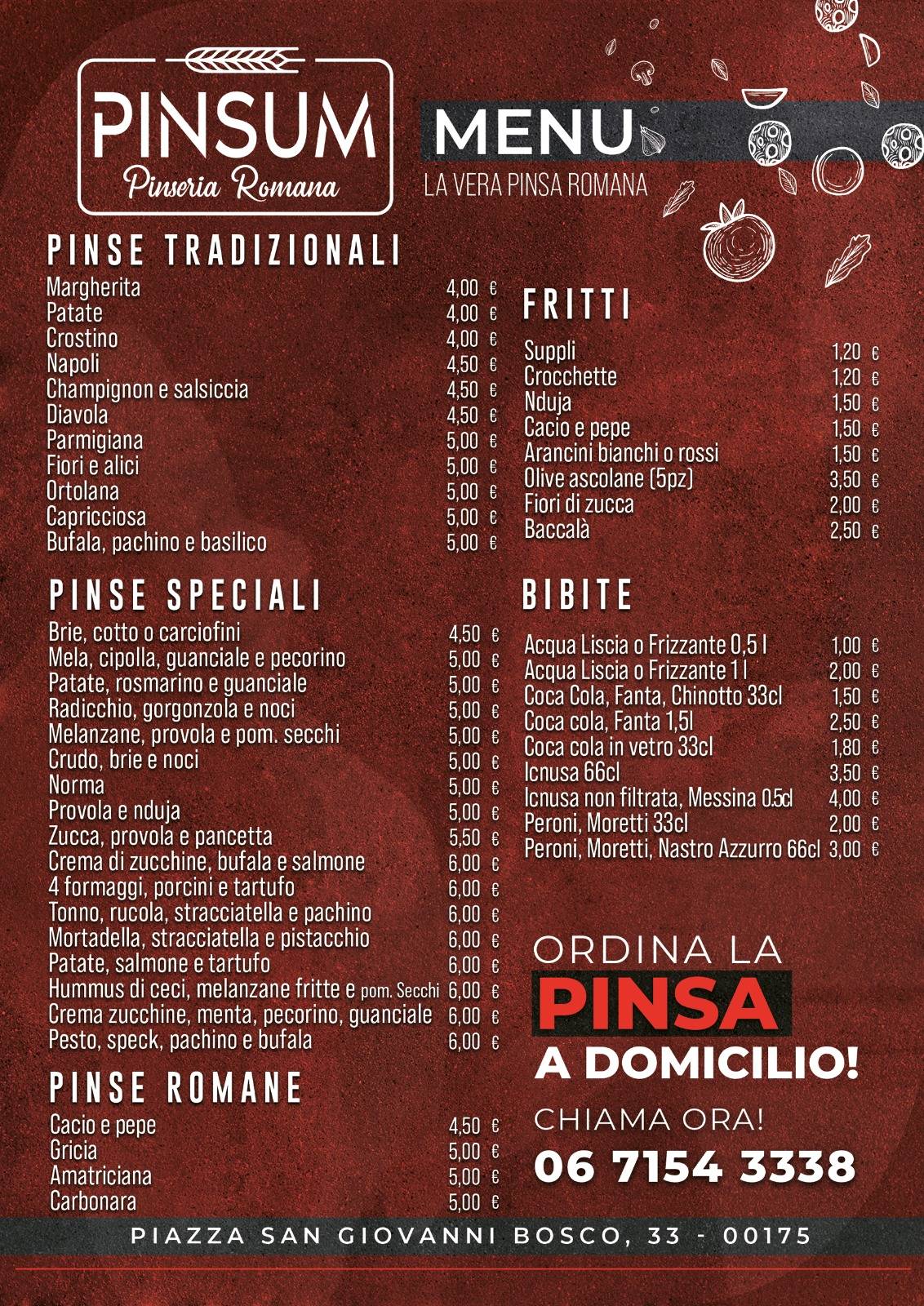 Menu da Pinsum Pinsa Romana pizzeria, Roma