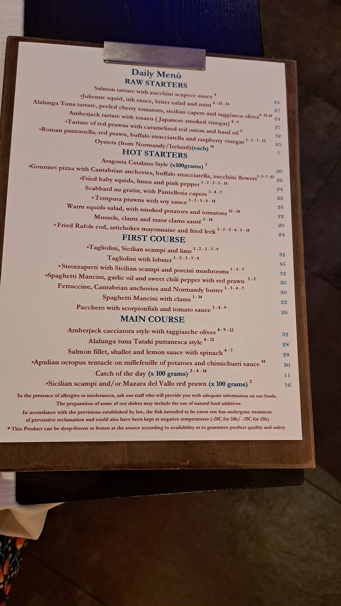 Menu at Piro' restaurant, Rome