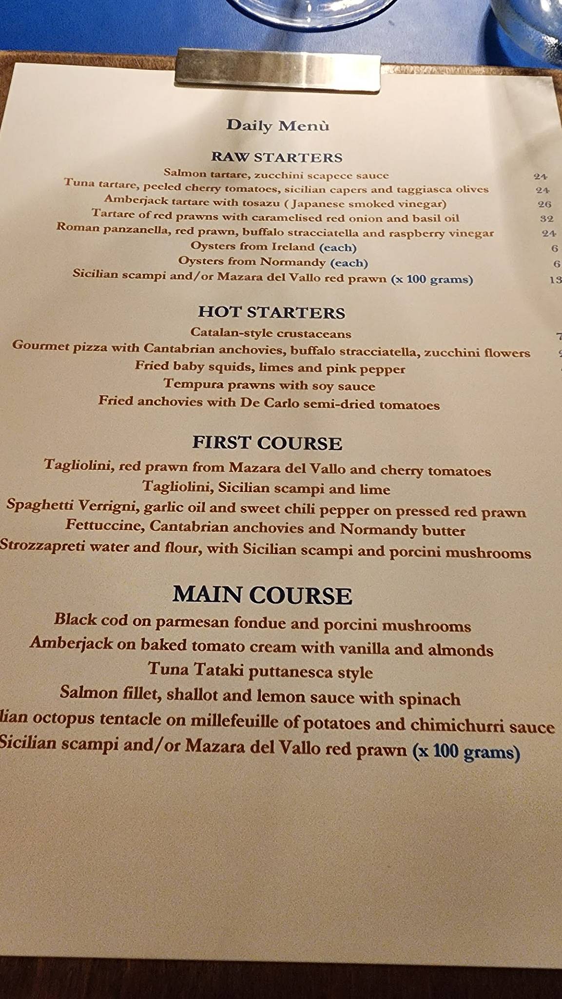 Menu at Piro' restaurant, Rome
