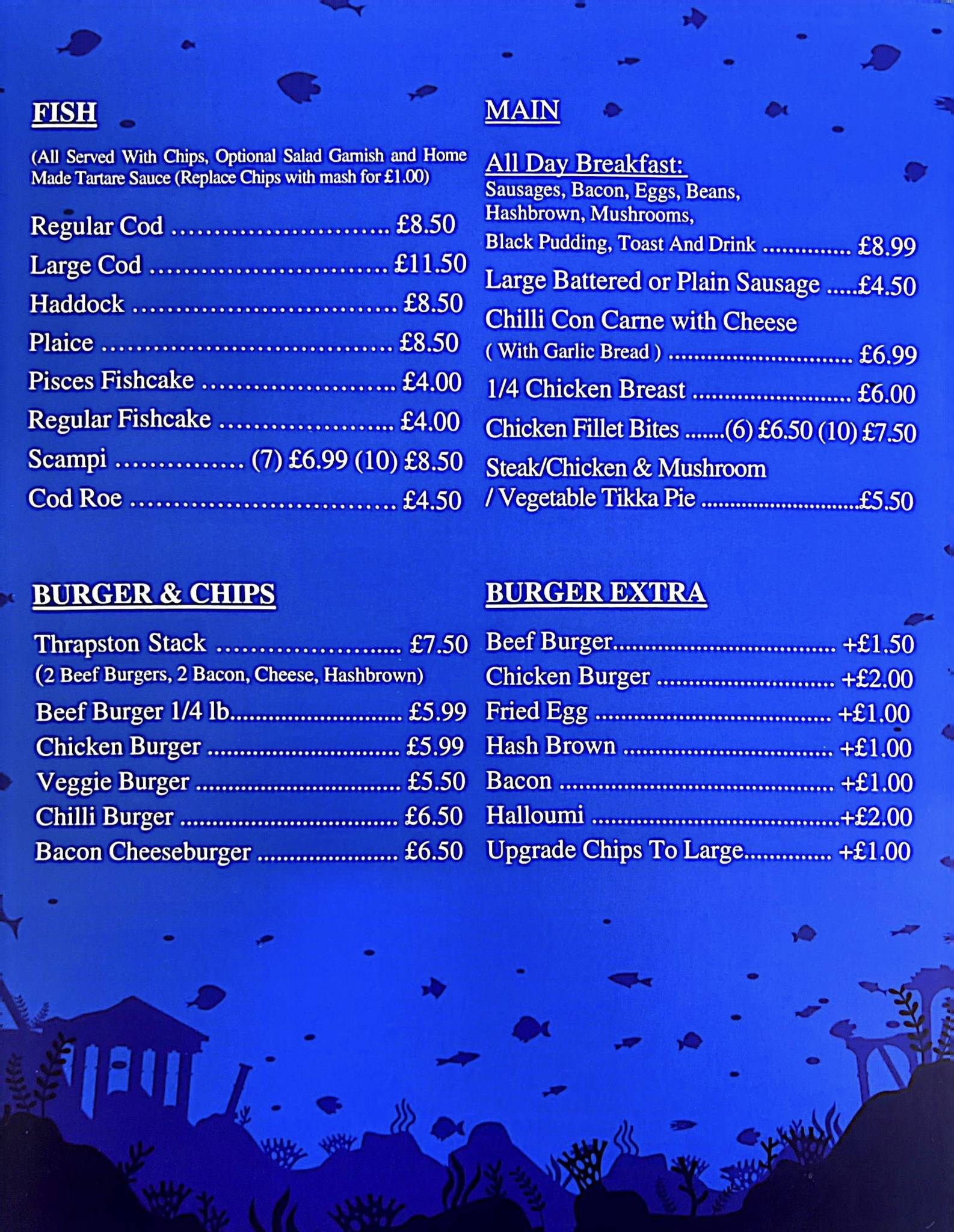 Menu at Pisces Fish & Chips Thrapston fast food, Brigstock