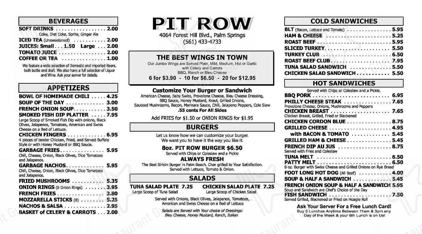 Menu at Pit Row Bar and Grill, Palm Springs