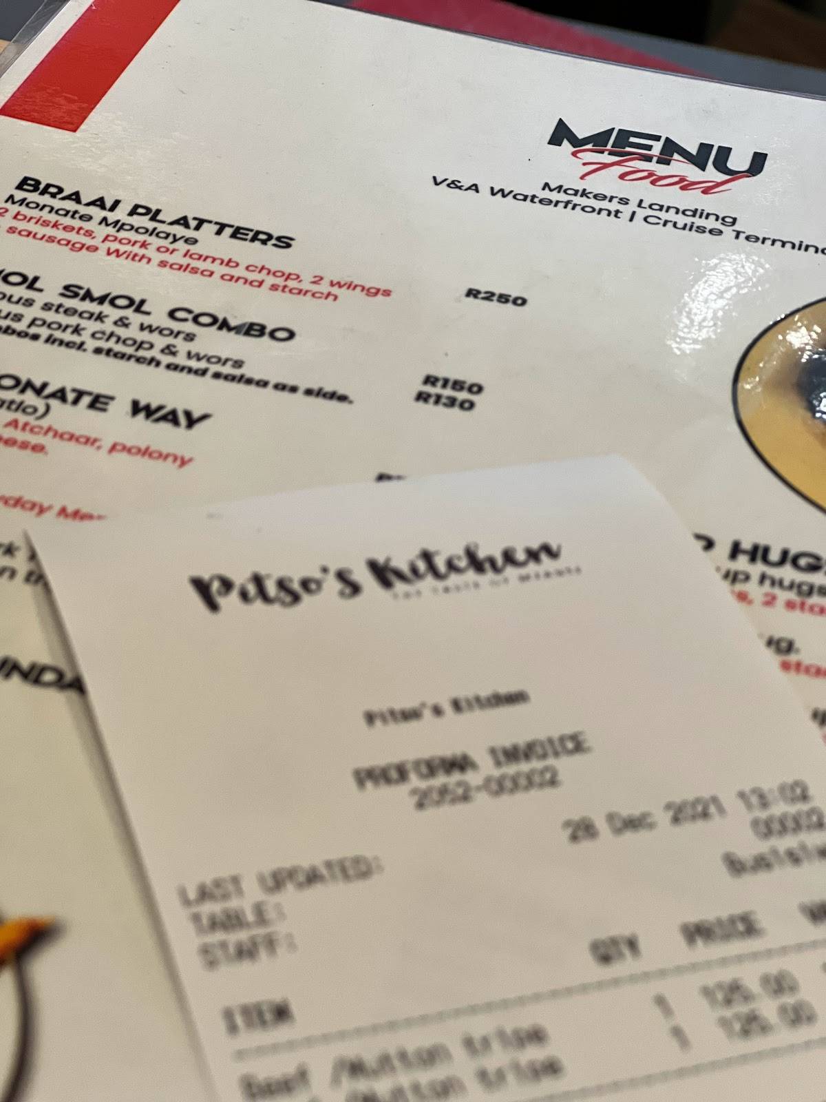 Menu at Pitso's Kitchen Waterfront restaurant, Cape Town