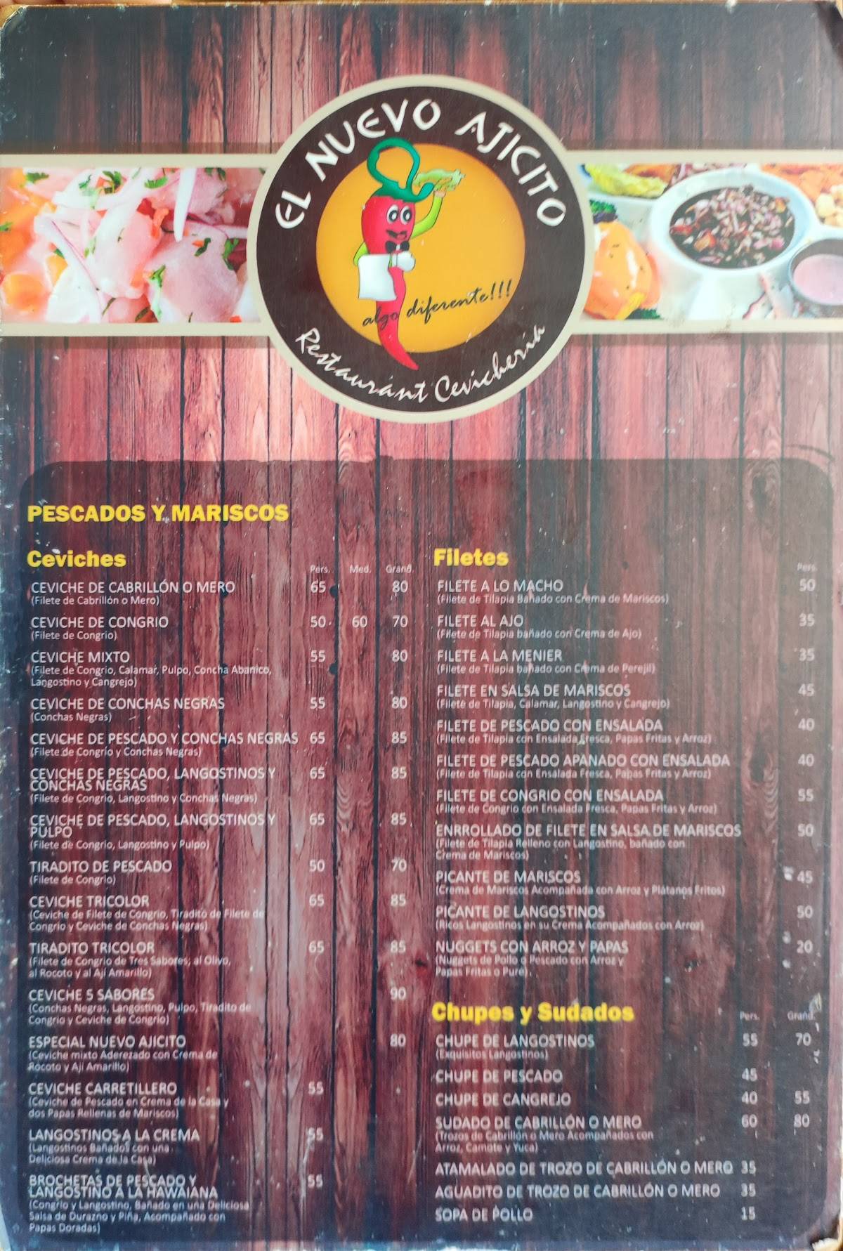 Carta del restaurante El Nuevo Ajicito, Piura, Gardenias Mz. B