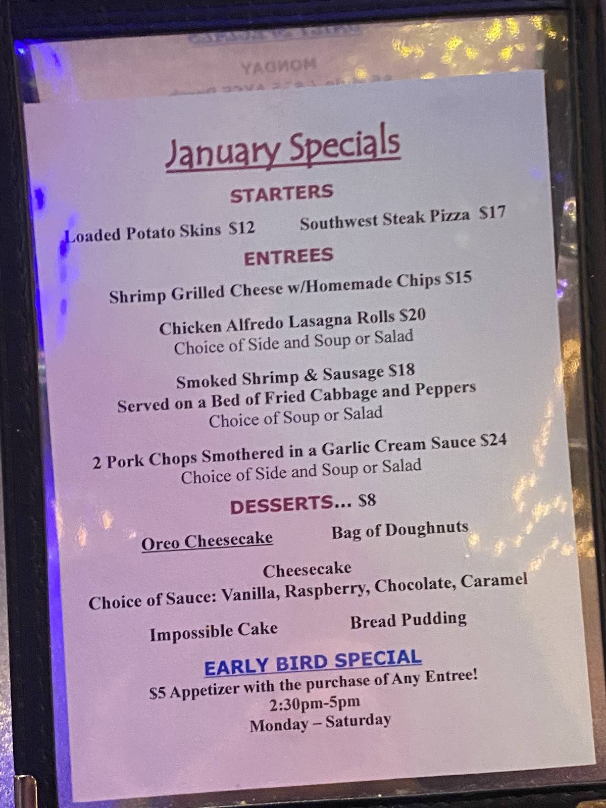 Menu at Pivot Lounge restaurant, Crown Point