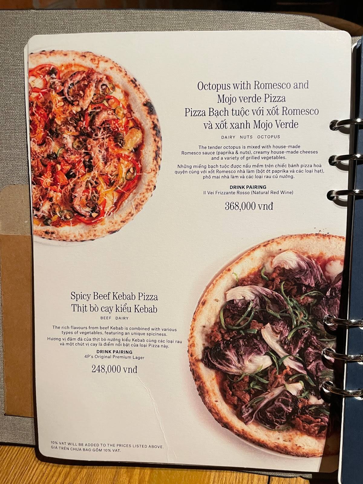 Menu at Pizza 4P's Estella restaurant, Ho Chi Minh City
