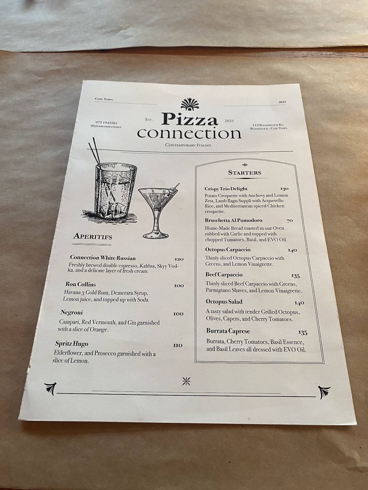 Menu au Pizza Connection restaurant, Le Cap