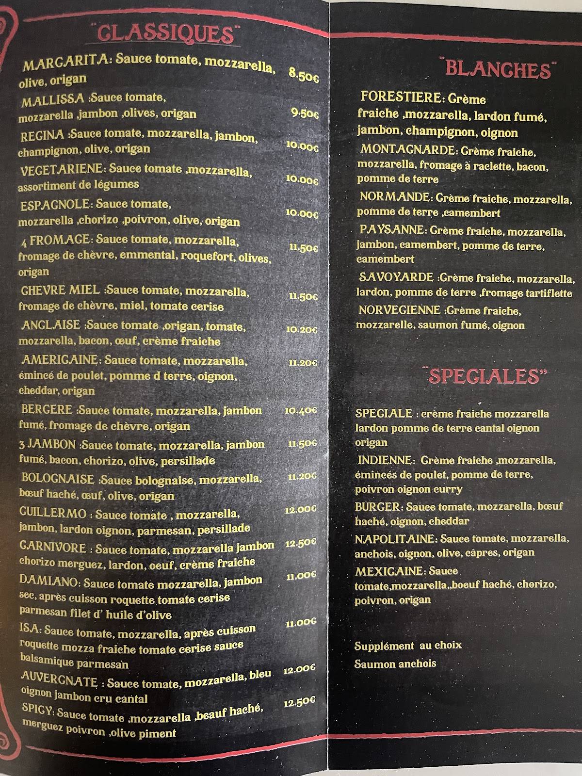 Menu au Pizza Damiano pizzeria, Chanonat