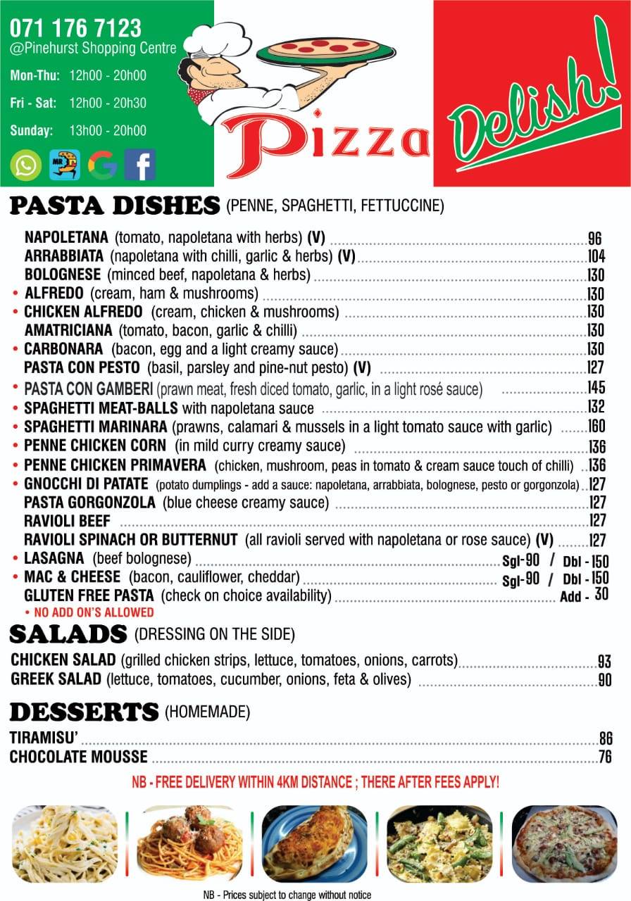 Menu at Pizza Delish! pizzeria, Cape Town, Shop 28 Pinehurst Shopping Mall