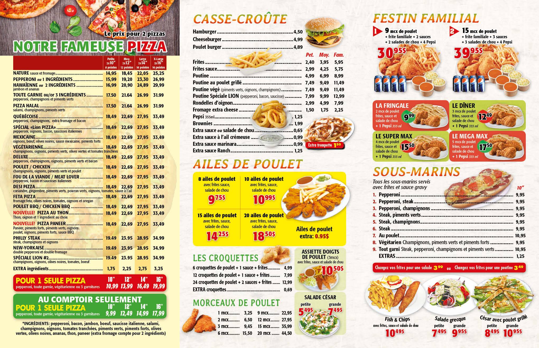 Menu at Pizza Lion pizzeria, Montréal