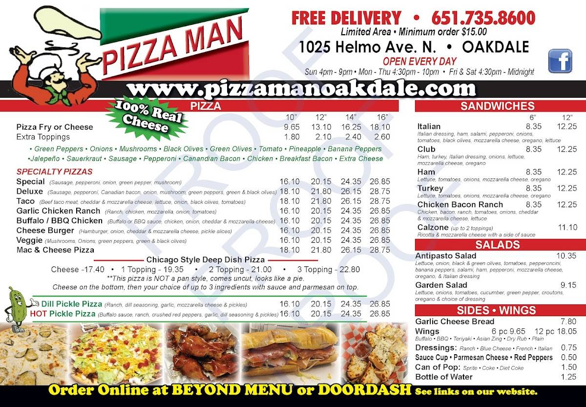 Menu at Pizza Man pizzeria, Oakdale, 1025 Helmo Ave N