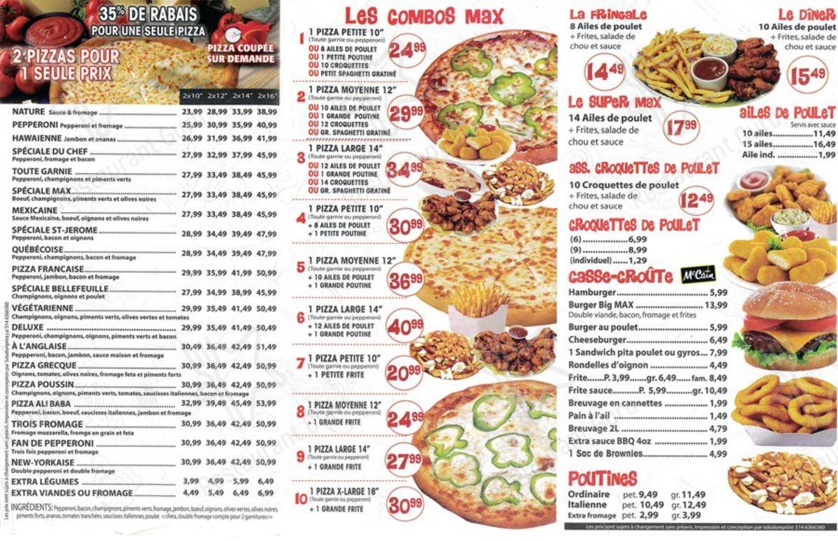 Menu au Pizza Max pizzeria, Saint-Jérôme