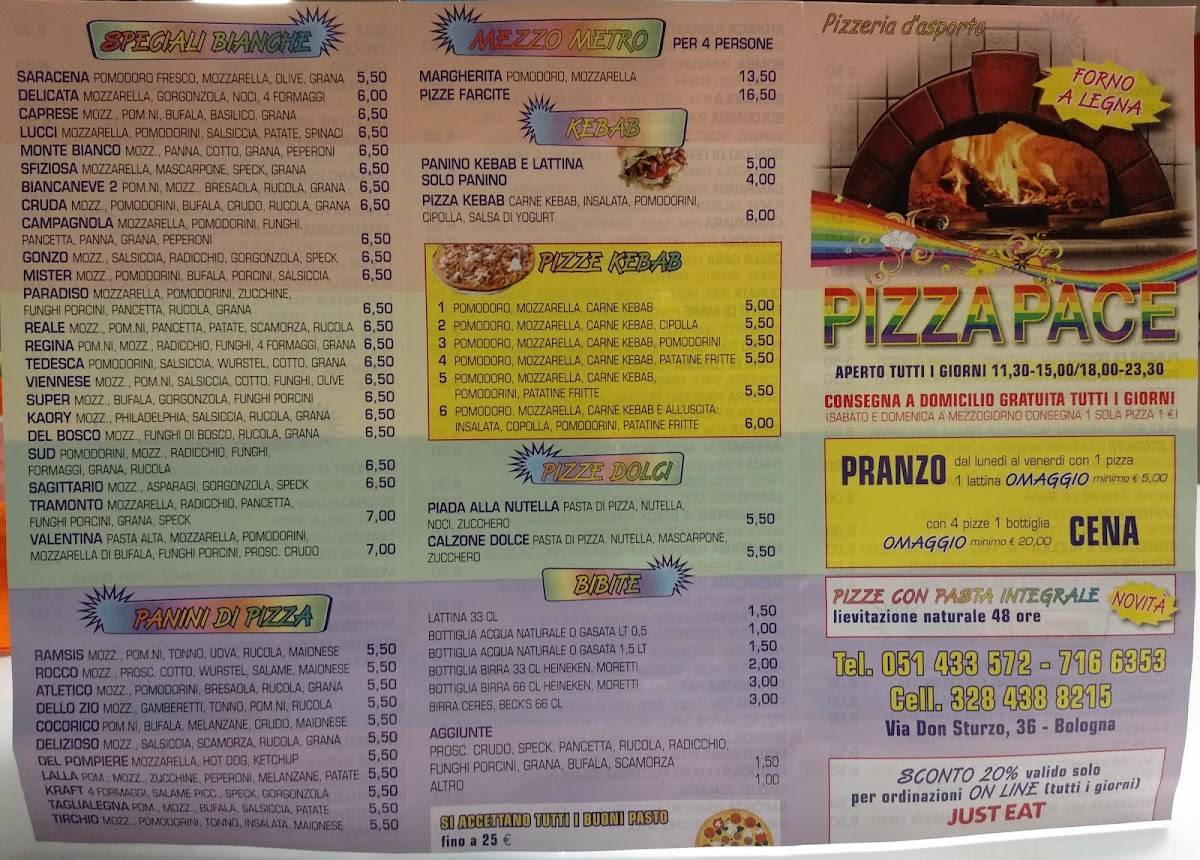 Menu at Pizza Pace restaurant, Bologna