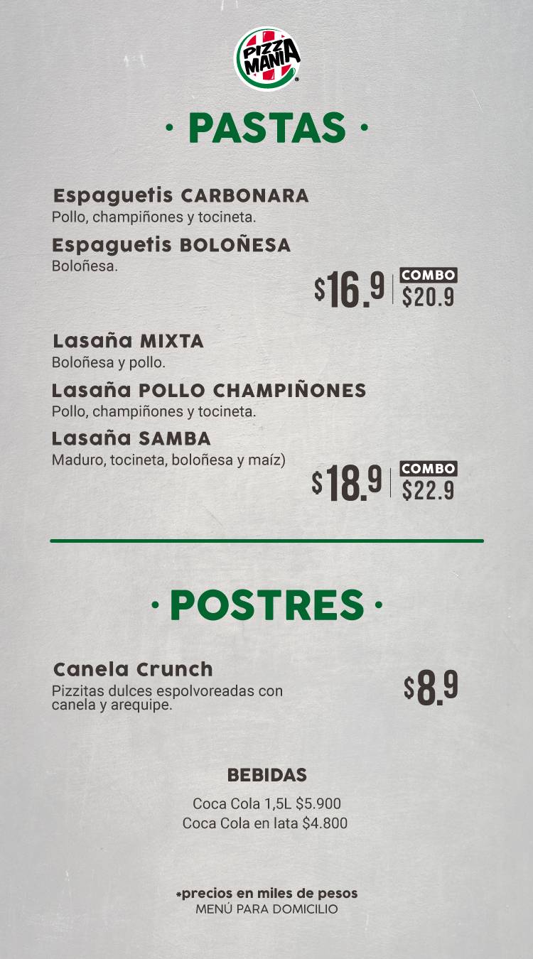 Carta del restaurante Pizzamania, Cali, Centro Comercial Unicentro