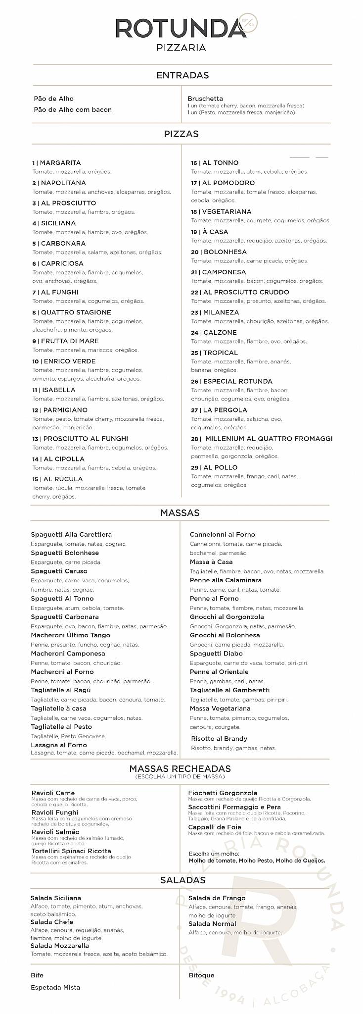 Menu em Pizzaria Rotunda, Alcobaça
