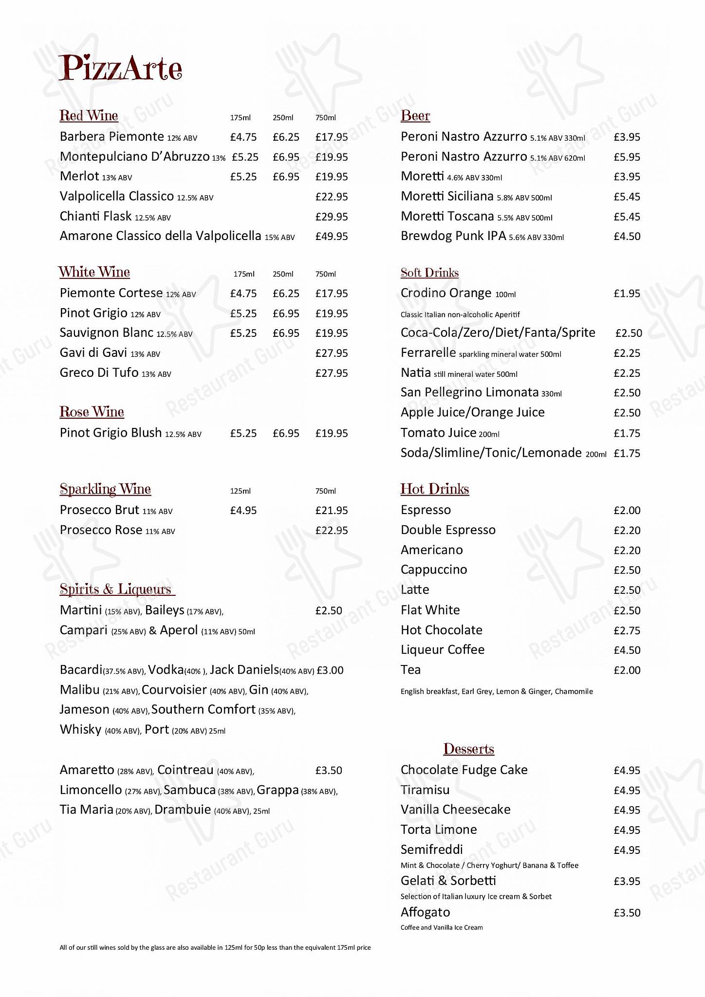 Menu at Pizzarte restaurant, London