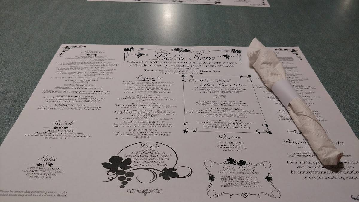 Menu at Bella Sera Pizzeria and Ristorante kitchens open till 730pm ...