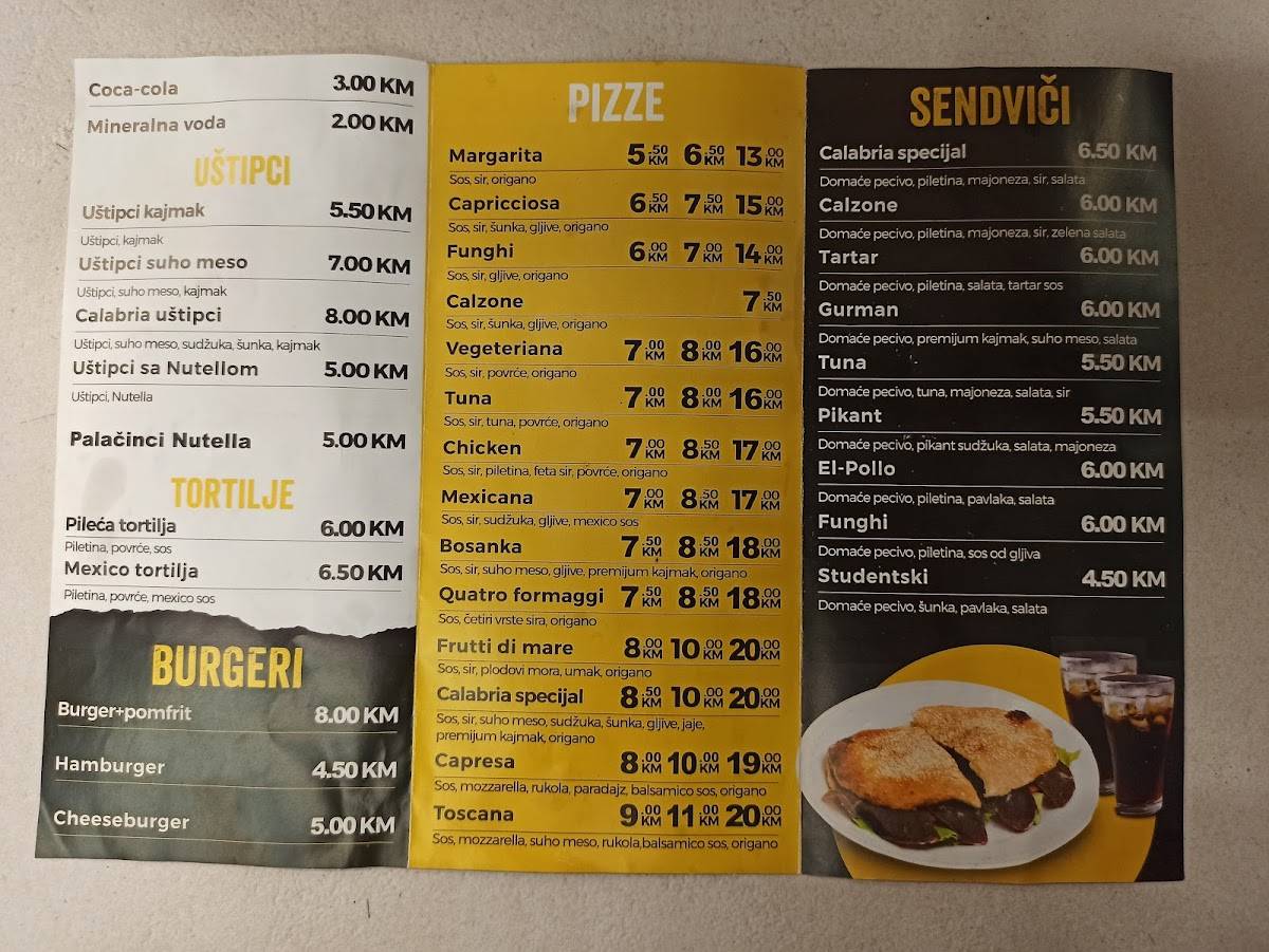 Menu at Pizzeria Calabria, Sarajevo