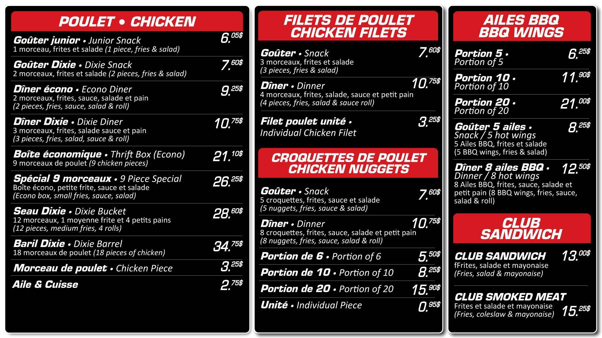 Menu au Restaurant Dixie Lee, Port-Cartier