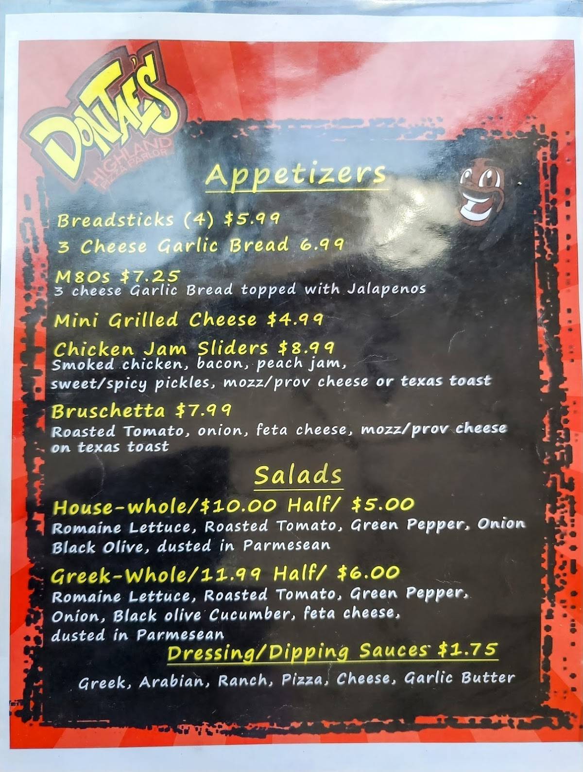 Menu at Dontae's Highland Pizza Parlor pizzeria, Evansville