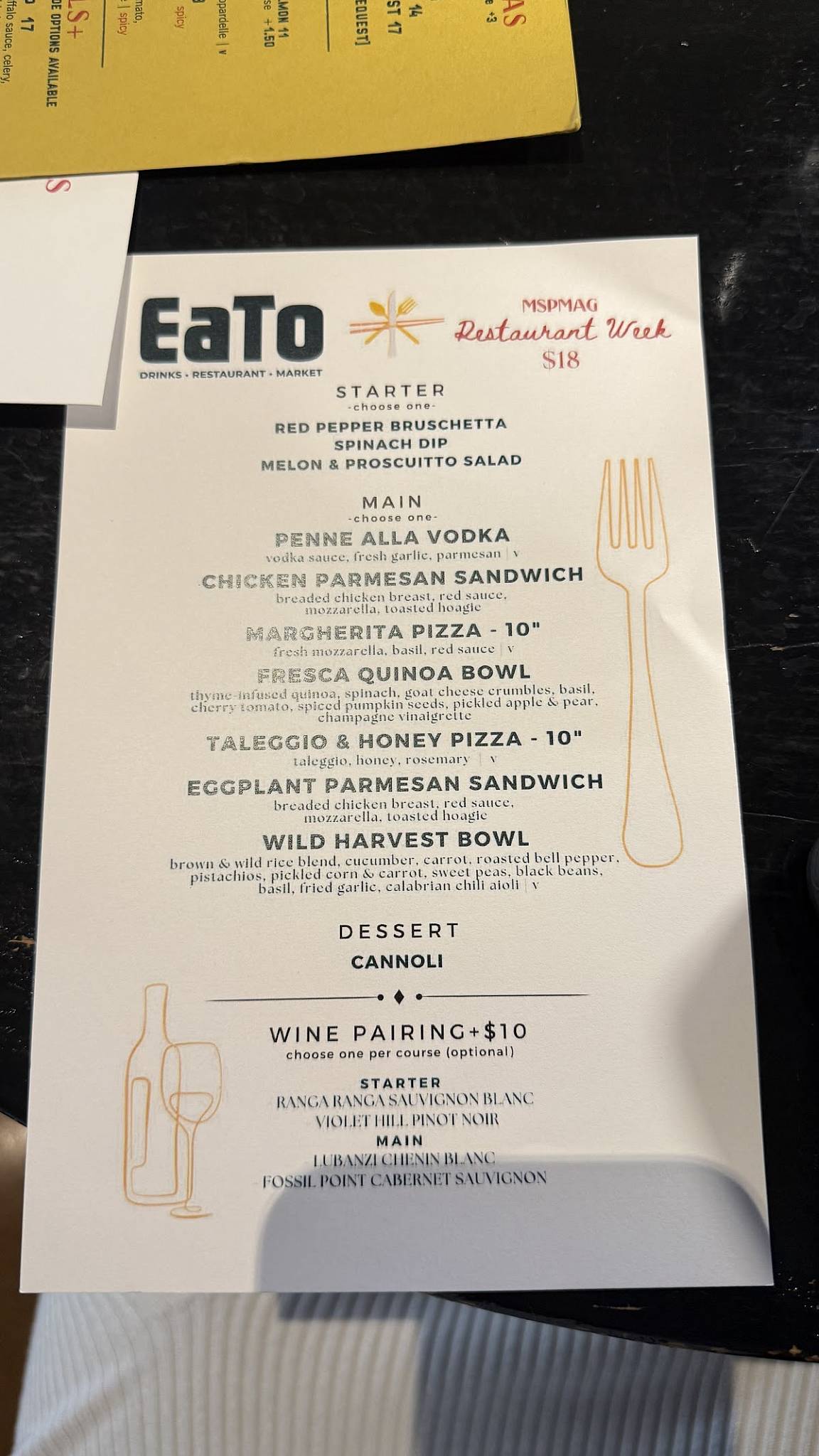 Menu at EaTo pizzeria, Minneapolis