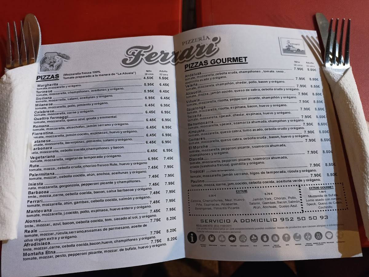 Carta de Pizzería Ferrari, Vélez-Málaga