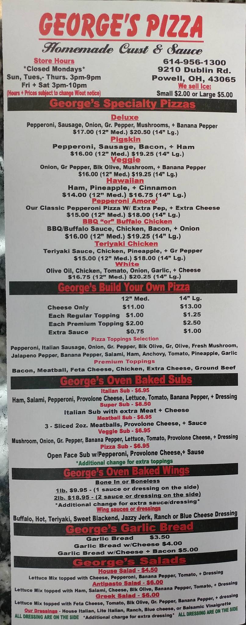 Menu at George's Pizza pizzeria, Powell