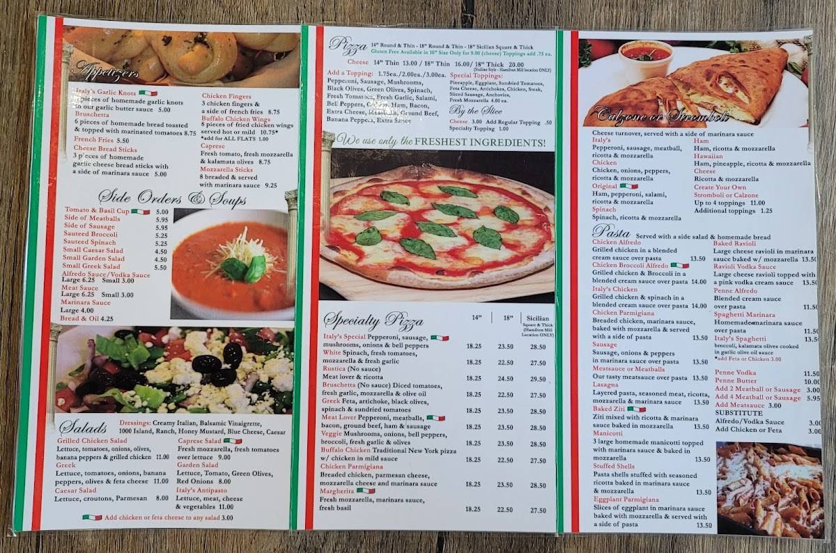 Menu at Italy's Pizza & Pasta Company pizzeria, Commerce