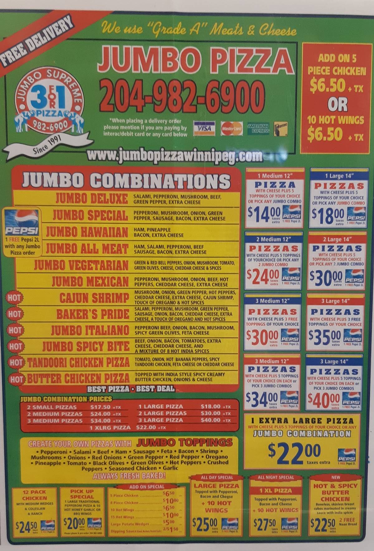 Menu at Jumbo Pizza pizzeria, Winnipeg, 555 Balmoral St