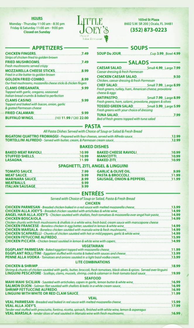 Menu at Little Joey's Pizza & Italian Restaurant, Ocala