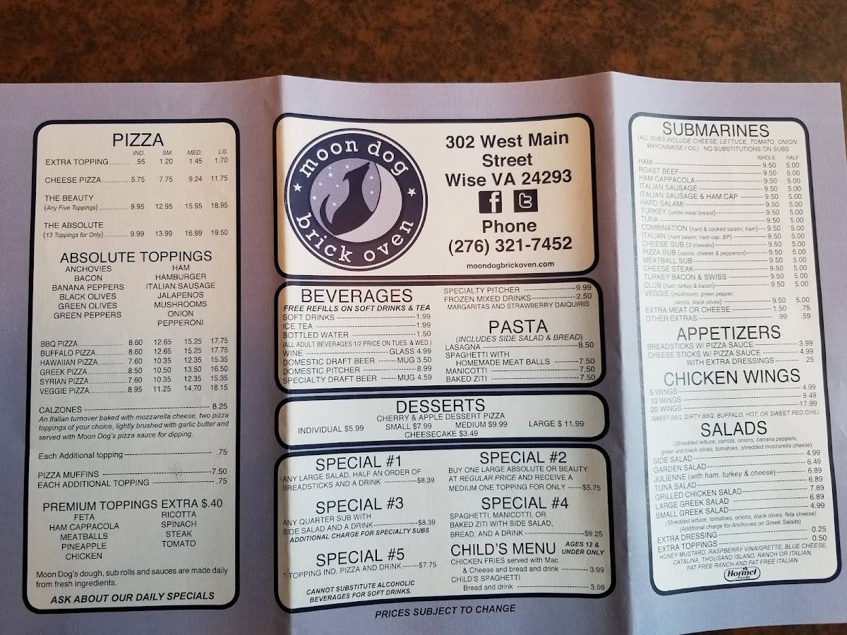 Menu at Moon Dog Brick Oven - Wise, VA pizzeria, Wise