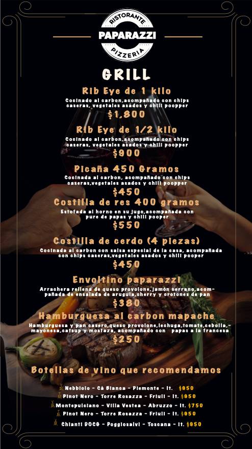 Menu at PAPARAZZI pizzeria, Puerto Aventuras