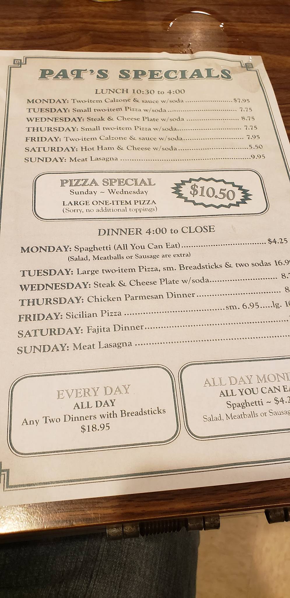 Menu at Pat's Pizza of Presque Isle pizzeria, Presque Isle