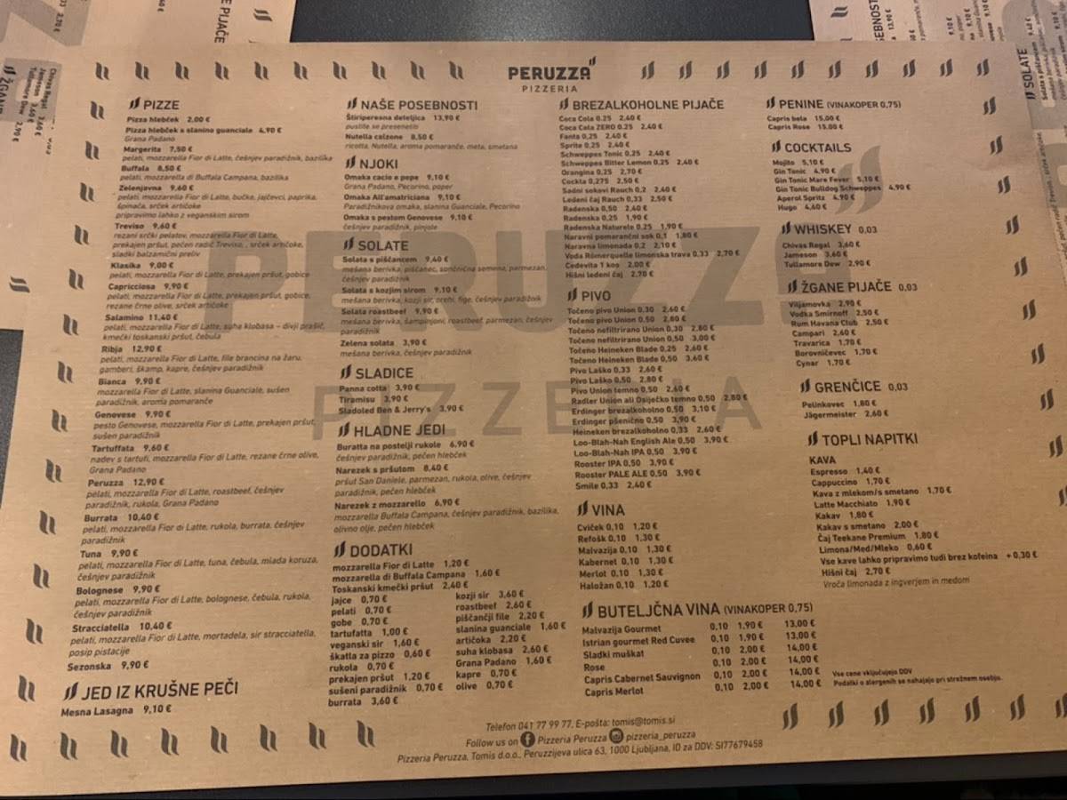 Menu at Pizzeria Peruzza, Ljubljana