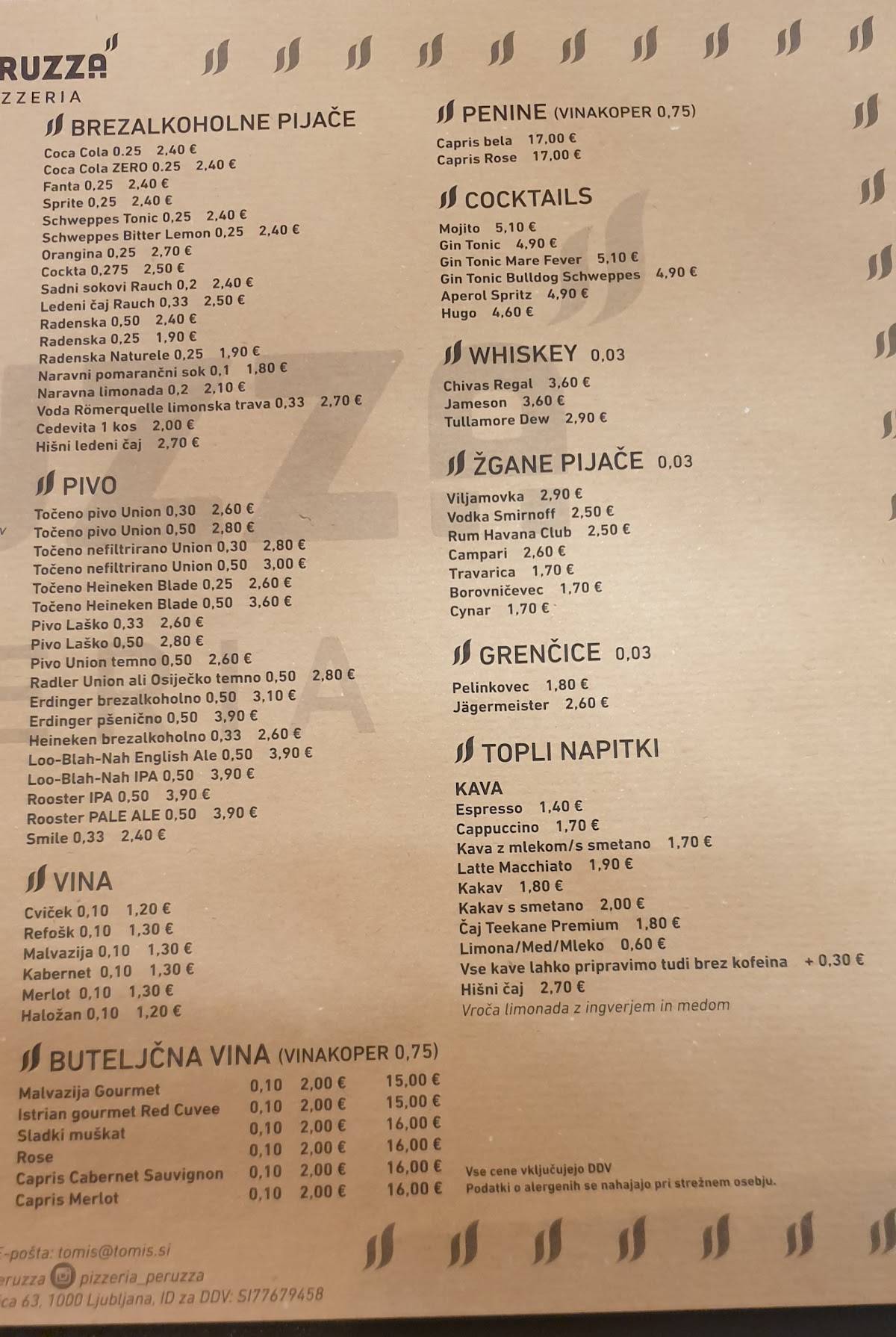 Menu at Pizzeria Peruzza, Ljubljana