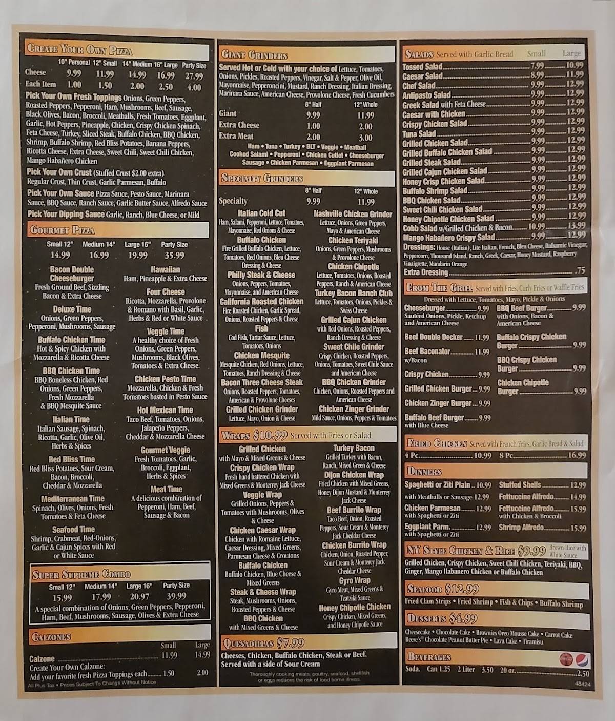 Menu at Pizza Time restaurant, Windsor Locks, 20 Main St