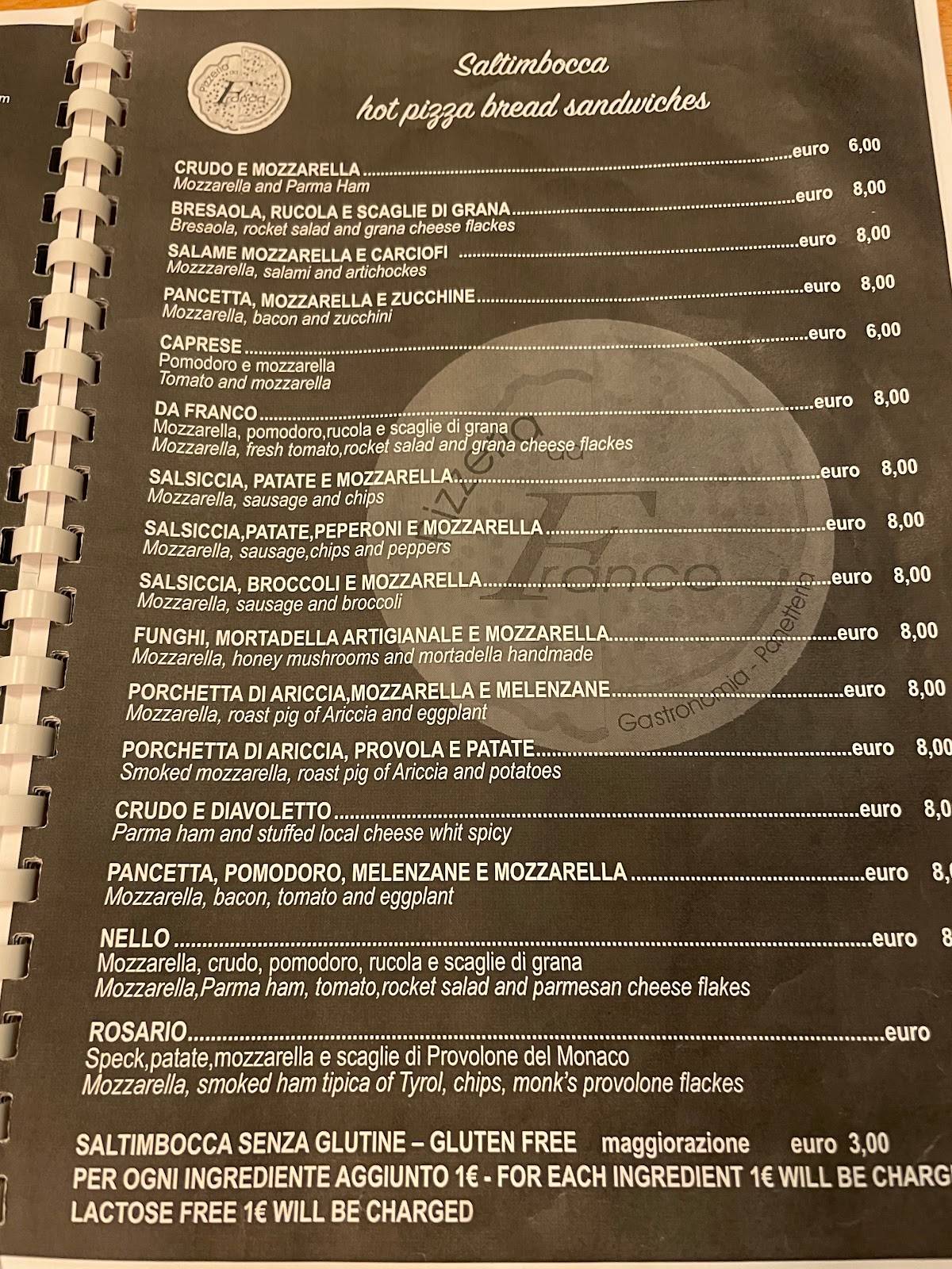 Menu at Pizzeria da Franco, Sorrento, Corso Italia