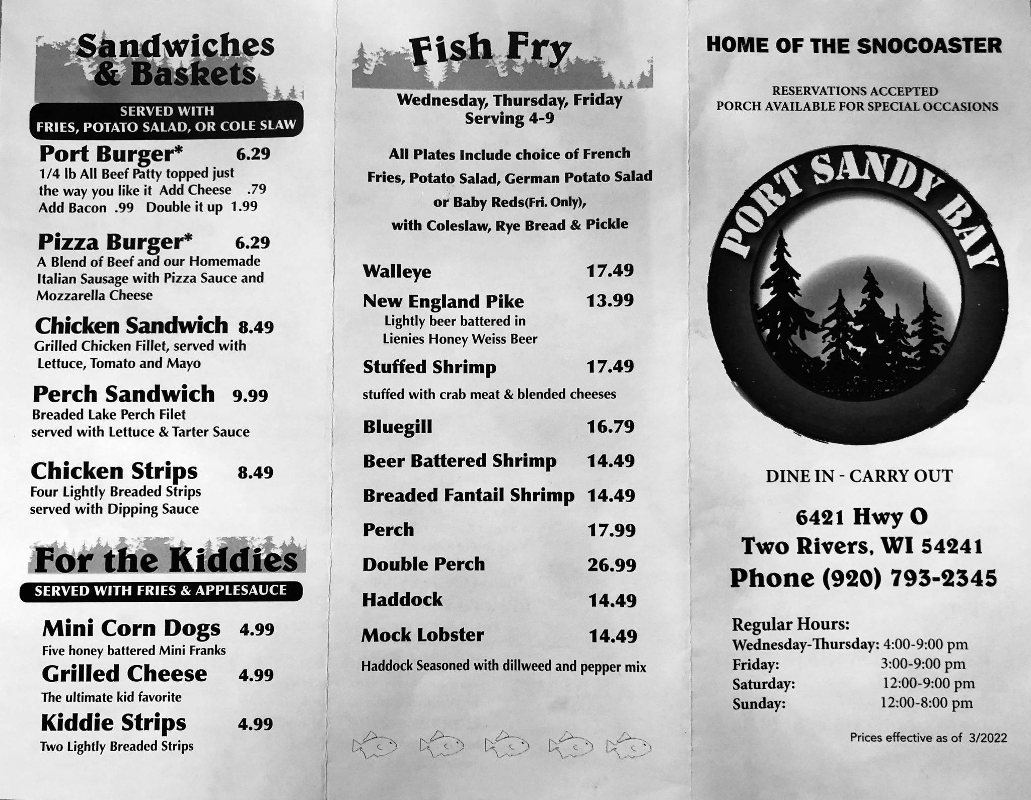 Menu at Port Sandy Bay pizzeria, Two Rivers, County Rd O #2