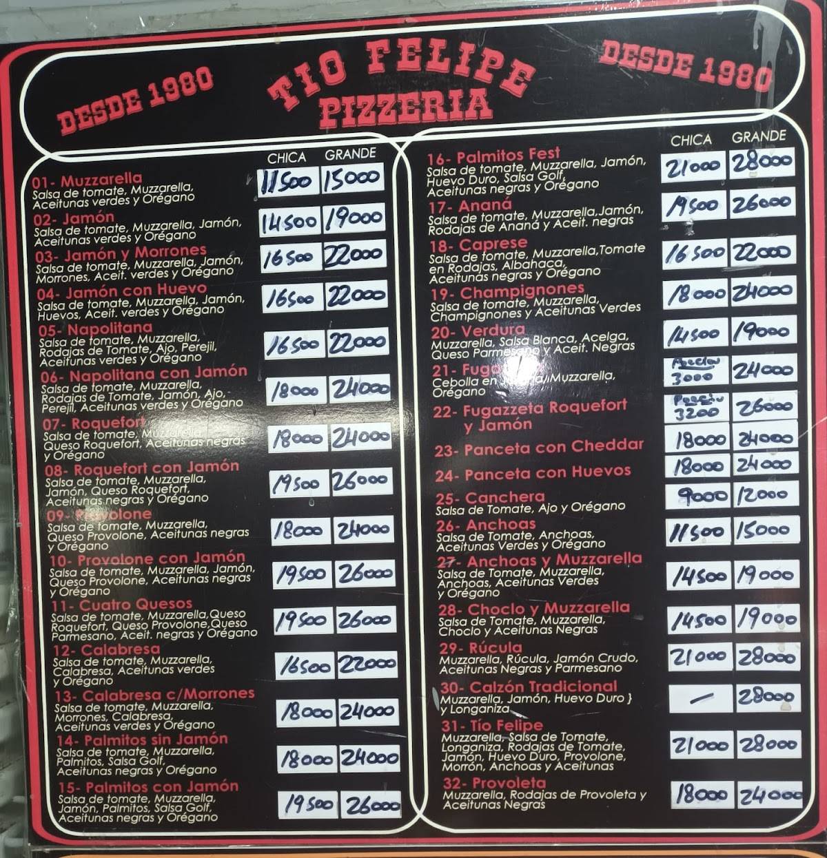 Carta de Pizzeria Tio Felipe, Caseros