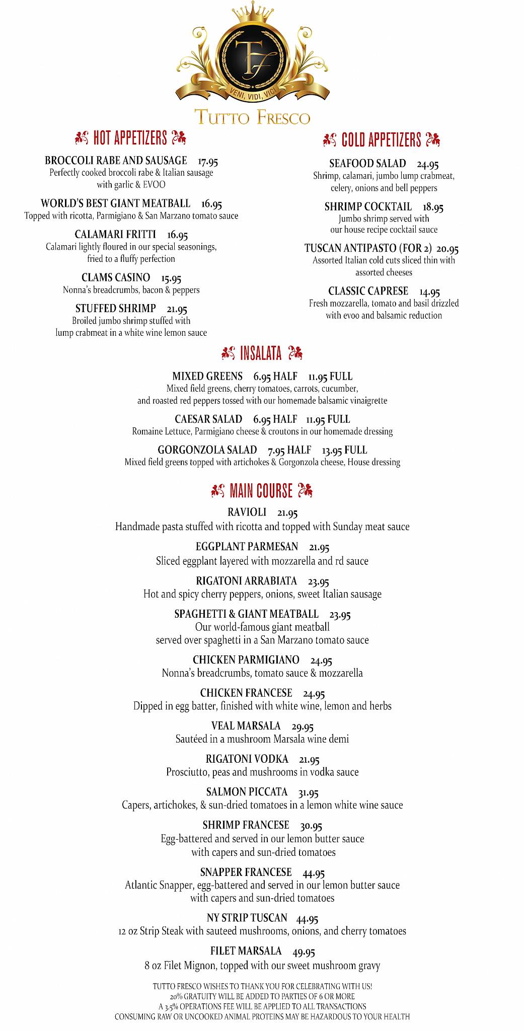 Menu at Tutto Fresco Restaurant, Port St. Lucie, Reserve Blvd