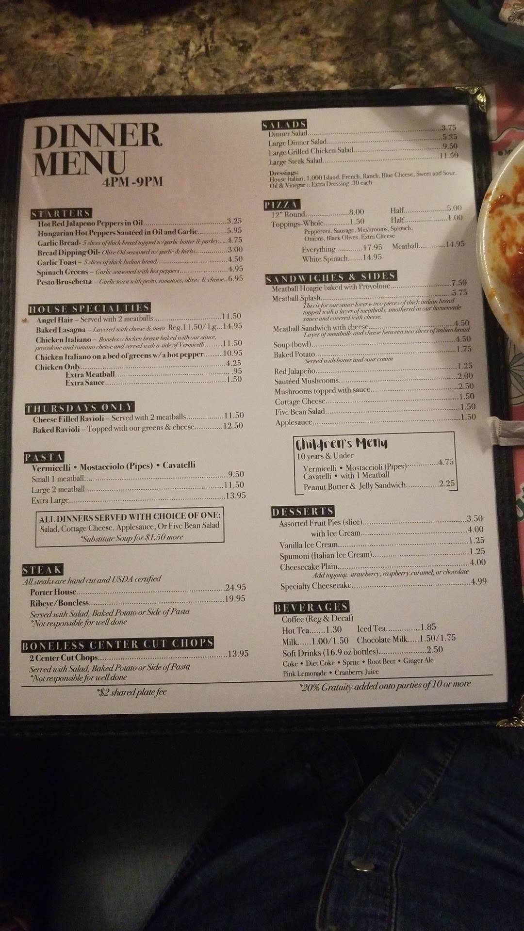 Menu at White Rose Spaghetti House pizzeria, Masury